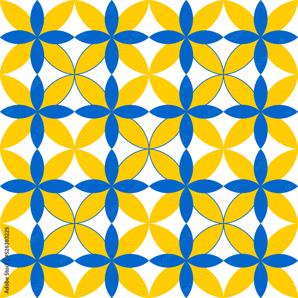 Geometric symmetrical seamless pattern with blue and yellow shapes on a ...