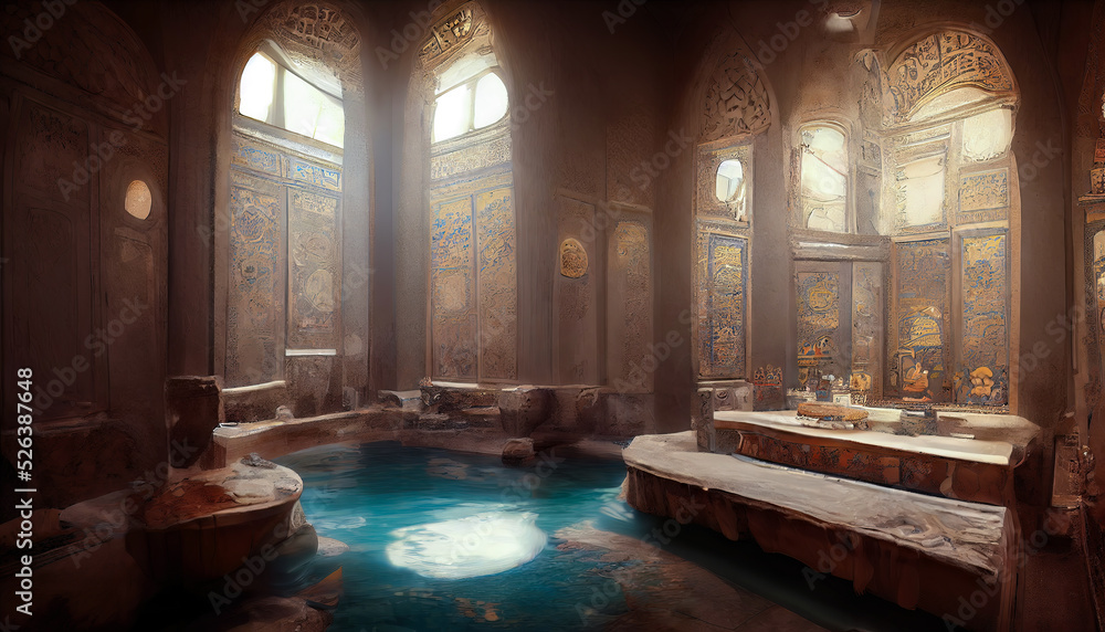 Ancient interior Turkish bath, frescoes on the walls, baths, oriental ...