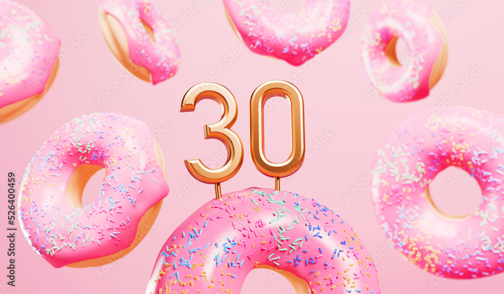 Happy 30th birthday celebration background with pink frosted donuts. 3D ...