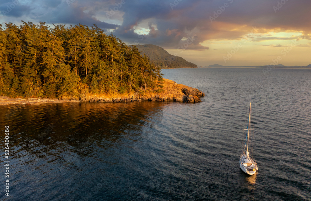 Sunset Aerial View of the West Side of Lummi Island, Washington ...