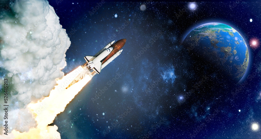 Launched rocket in flight, night starry sky background. Rocket starts ...