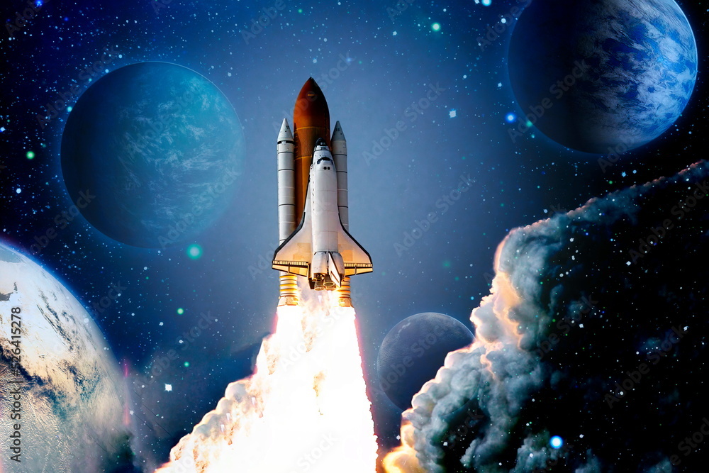 Space shuttle launch , Space with stars on background. Sky and clouds ...