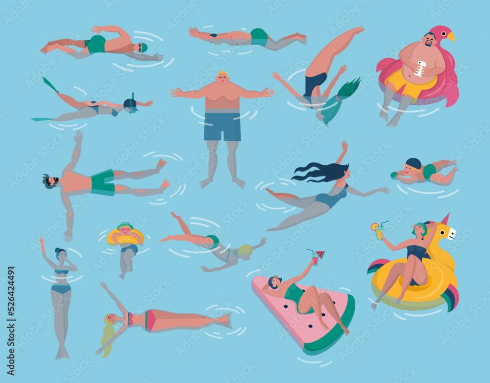 People in swimming pool. Swimmers diving or lying on inflatable ...