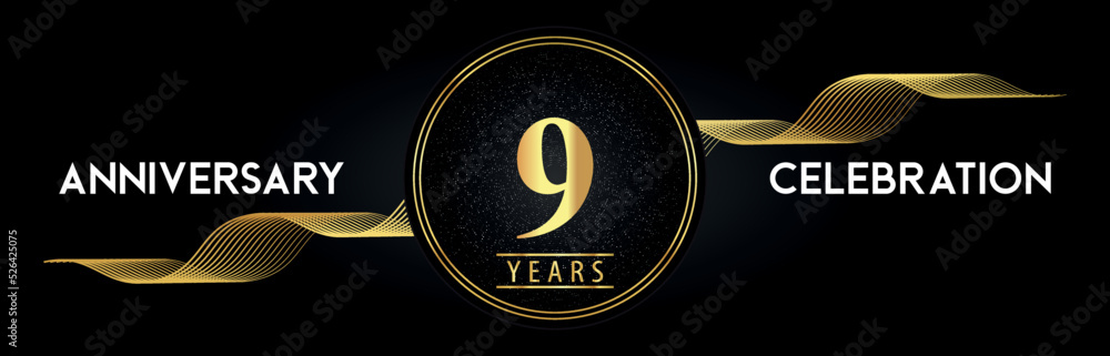 9 Years Anniversary Celebration with Golden Waves and Circle Frames on ...