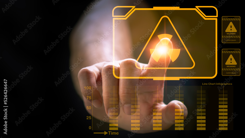 Man touchscreen radioactive label icon International radioactive danger ...