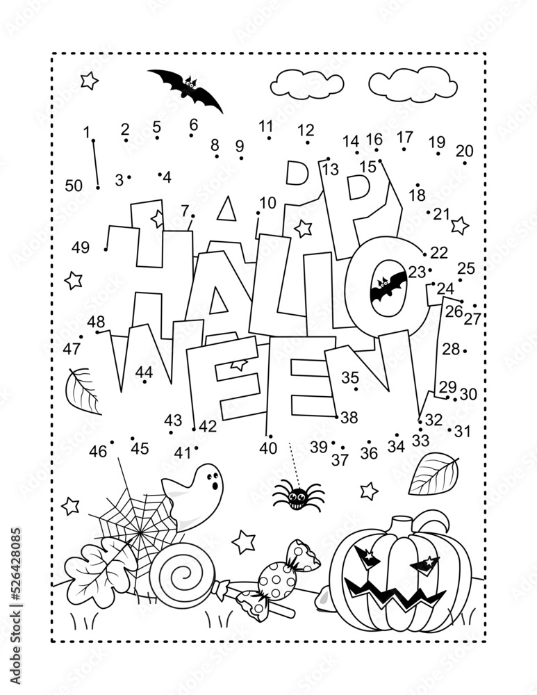 Vetor de "Happy Halloween!" greeting dot-to-dot picture puzzle and ...