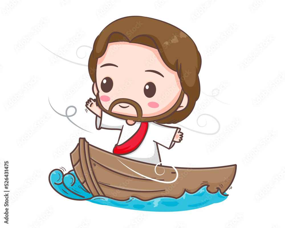 Jesus Christ protecting ship from storm lightning thunder waves cartoon ...