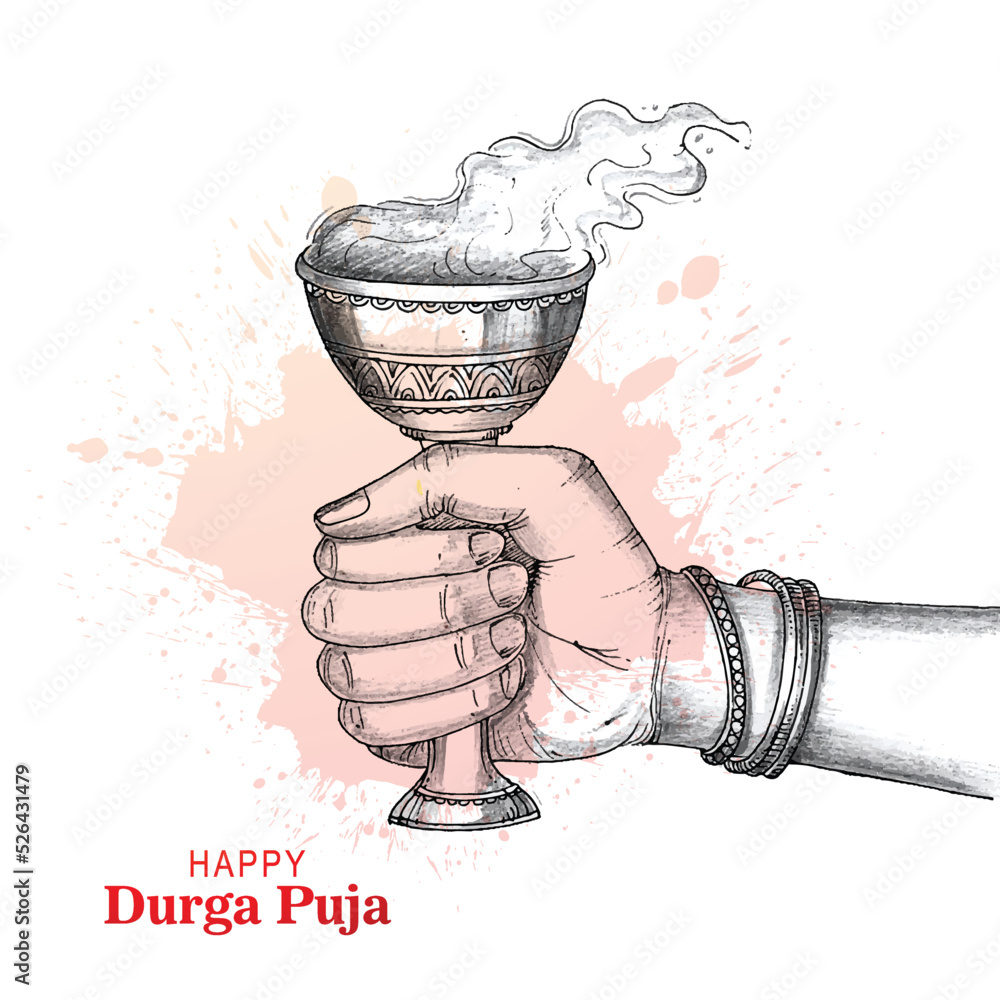 Hand holding durga puja dhunuchi with smoke sketch indian puja festival ...