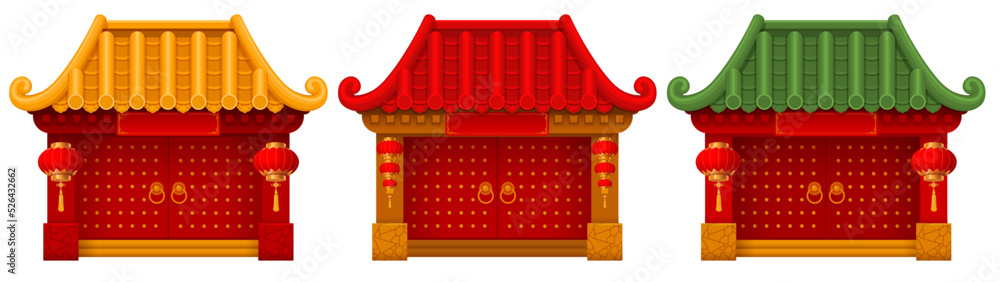 Set of Chinese traditional gate. Home entrance with bamboo roof ...