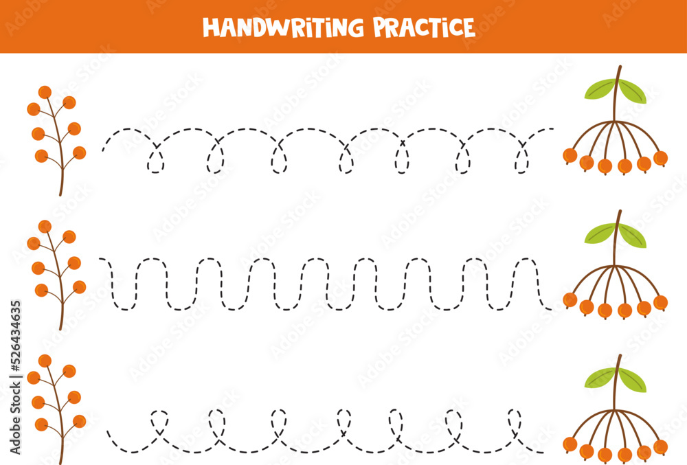 Tracing lines for kids. Hand drawn ash berry bunch. Writing practice ...