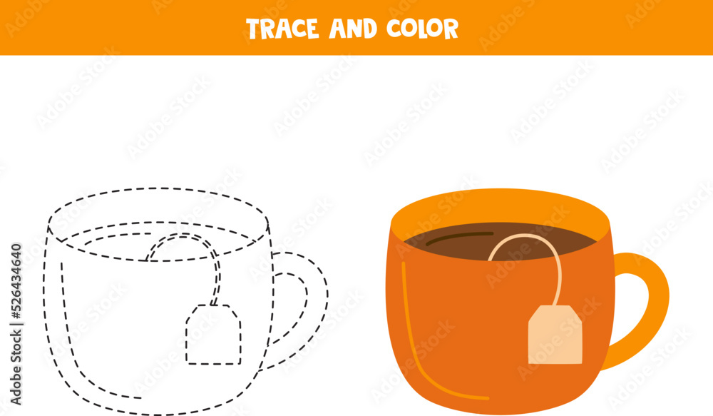 Trace and color cute hand drawn tea cup. Worksheet for children. Stock ...