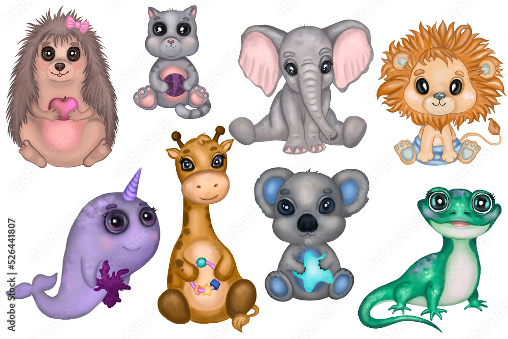Baby animals watercolor set. Hand drawn collection of hedgehog,cat ...