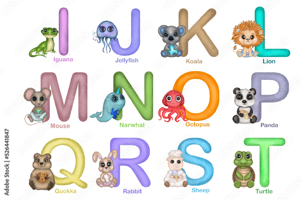 Baby Animals and alphabet letters. Hand drawn watercolor exotic, sea ...