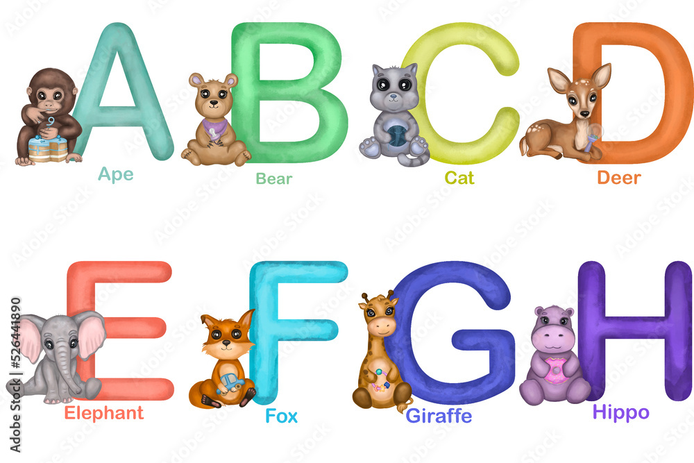 Baby Animals and alphabet letters. Hand drawn watercolor monkey, bear ...