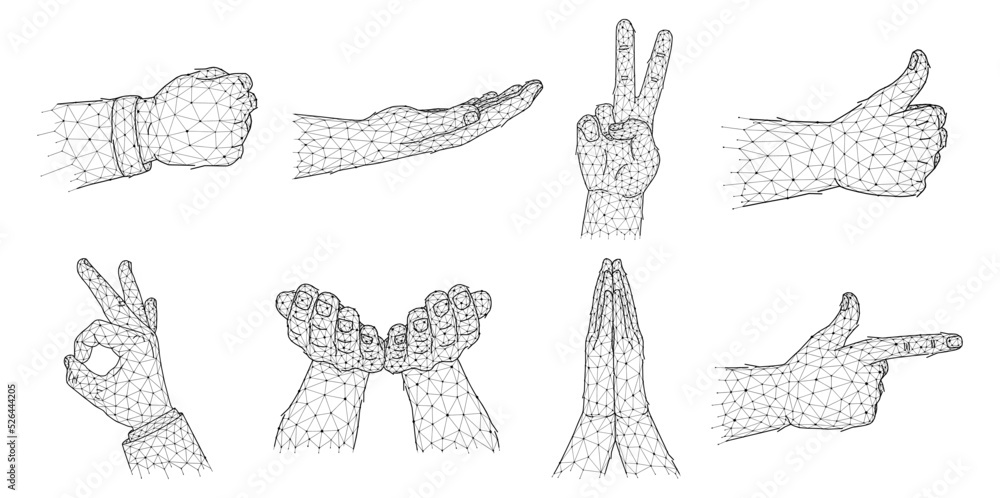Vector set of hands showing gestures in polygonal style. Hand gestures ...