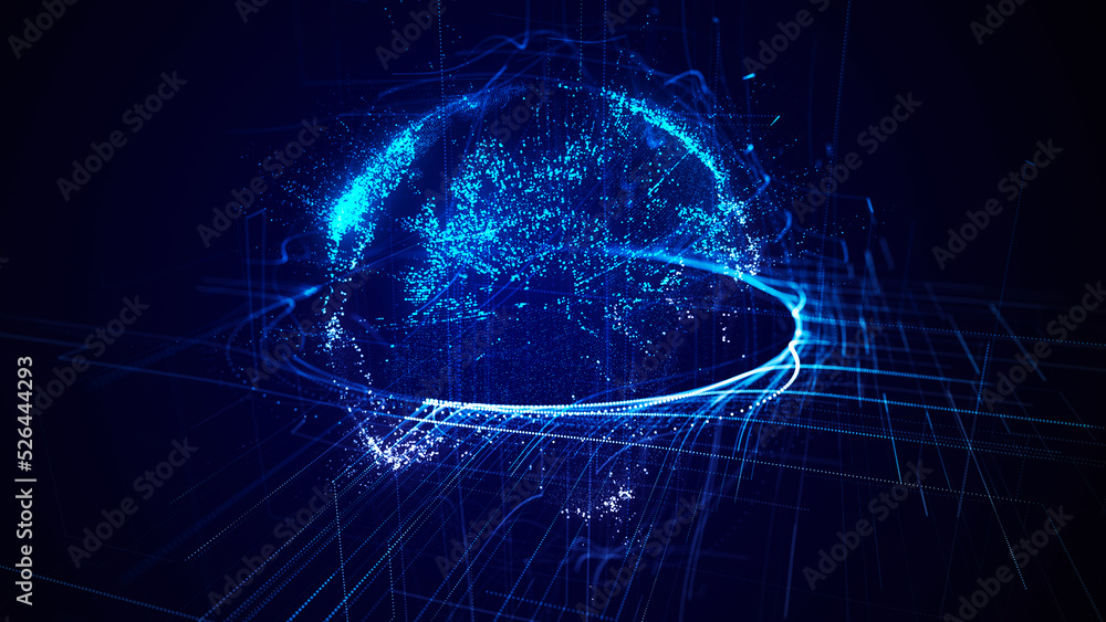 Digital planet earth with particles in cyberspace. The flow of ...