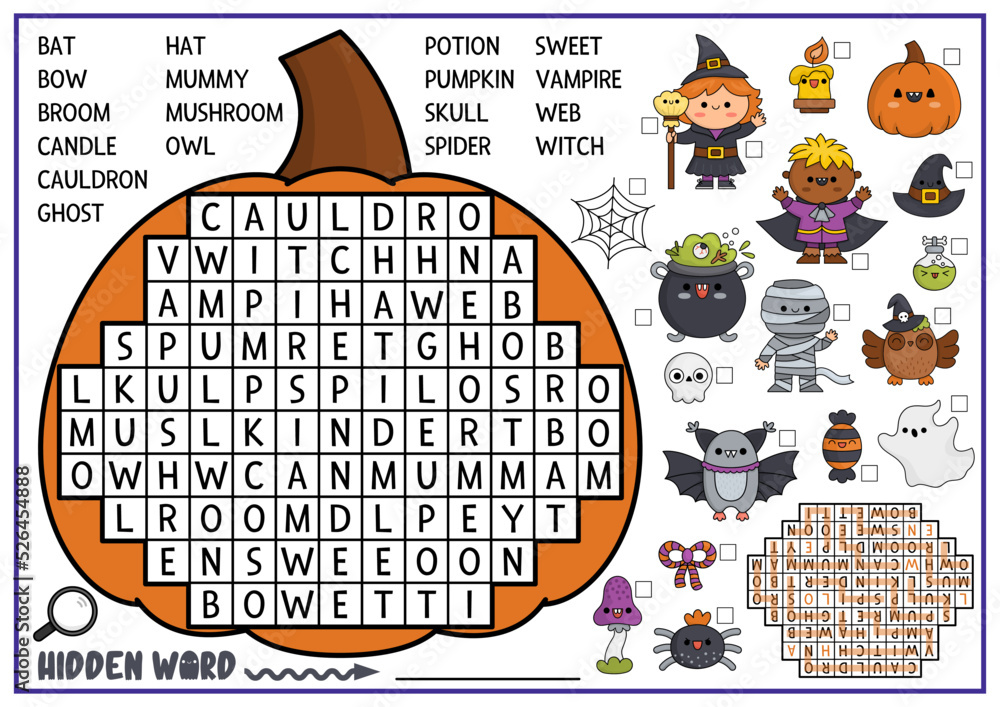 Vector Halloween pumpkin shaped word search puzzle for kids. Autumn ...