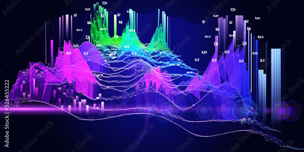 Abstract background wireframe grid with color blurred lines and data. Presentation concept of 3d ...