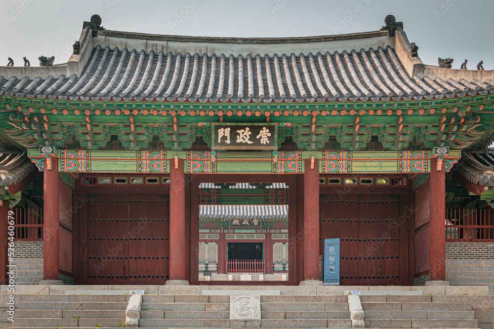 Colorful traditional wood Korean architecture temple gate entrance at ...