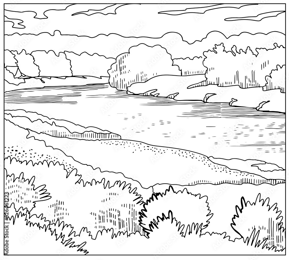 Coloring book . Lovely landscape, river and trees. Vector art line ...