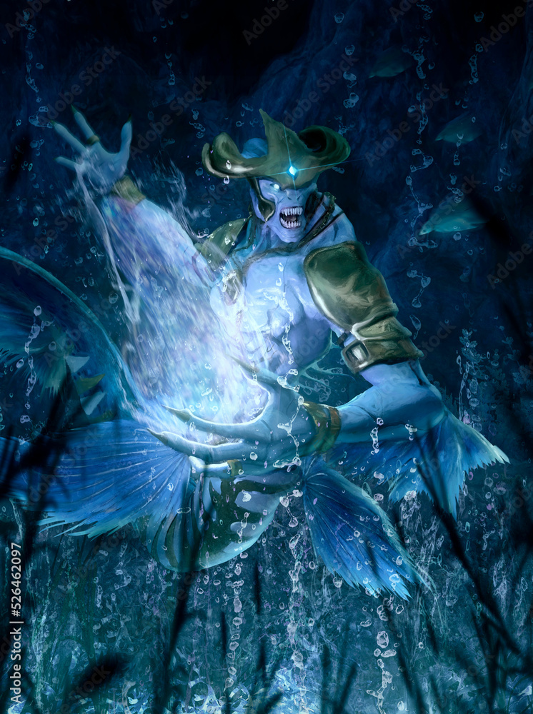 Horror fantasy character, a sea king in golden armor with large fins ...