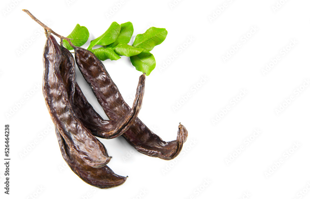 Carob. Healthy organic sweet carob pods with seeds and leaves isolated ...