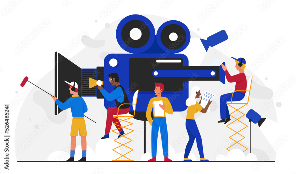 Backstage from video reportage, cinema production. Cartoon professional ...