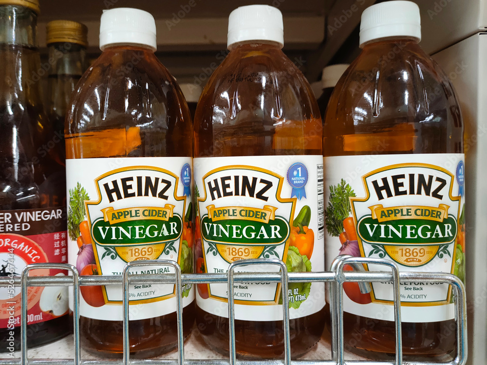 SEREMBAN, MALAYSIA -MAY 5, 2022: Various brands of cooking vinegar in ...