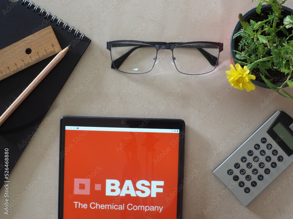In this photo illustration, BASF SE logo seen displayed on a tablet ...