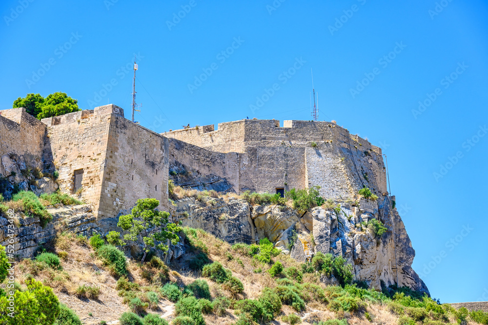 Medieval architecture of the Santa Barbara Castle in Alicante, Spain ...