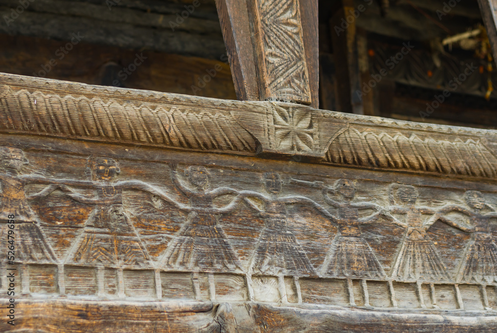 wood carvings of traditional himachali indian ancient temple symbolic ...