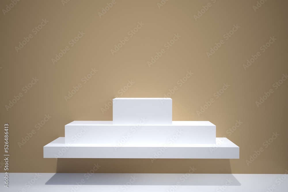 Front view of empty shelf on pink wall background with modern minimal ...