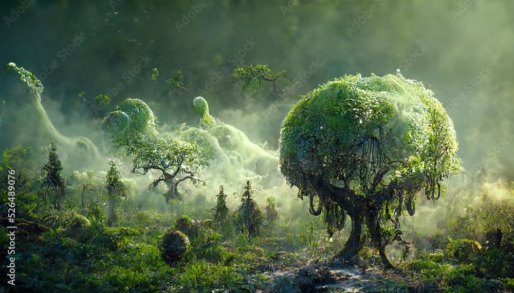 Magical forest landscape with a tree with green dripping slime. Stock ...