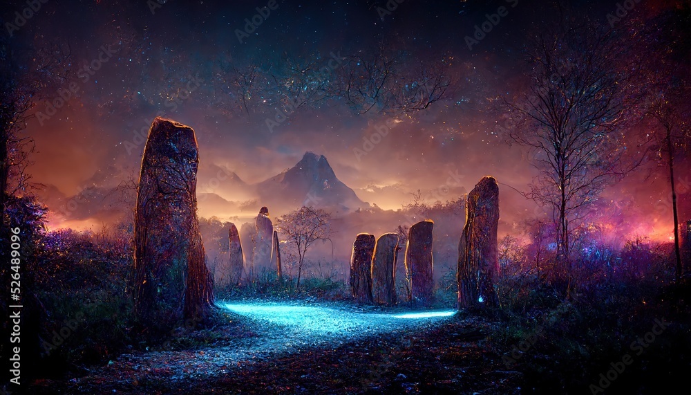 A magical portal between tree trunks at night, a fantastic glowing gate ...