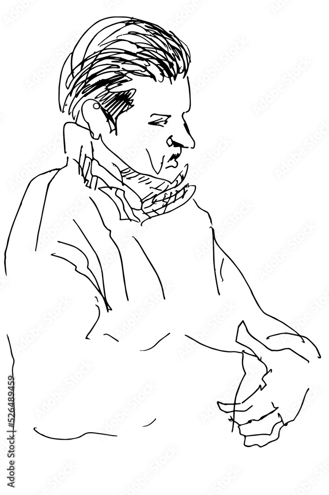 Flat Illustration Young Guy Line Drawing with Phone in Hands. One Line ...