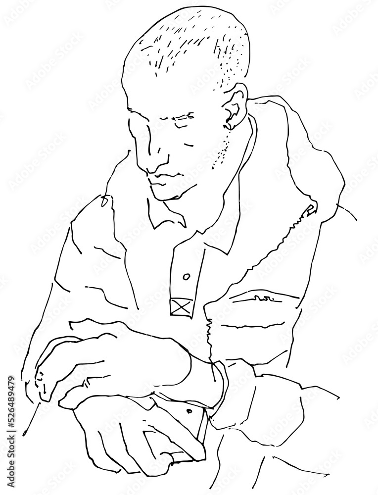 Flat Illustration Young Guy Line Drawing with Phone in Hands. One Line ...