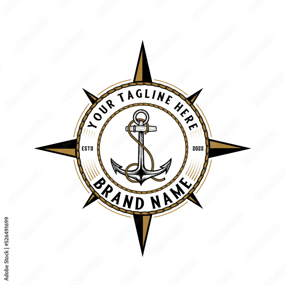 vintage anchor vector design logo. anchor and compass icon concept for ...