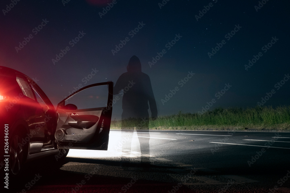 A mysterious transparent, ghost like figure, standing on an spooky ...