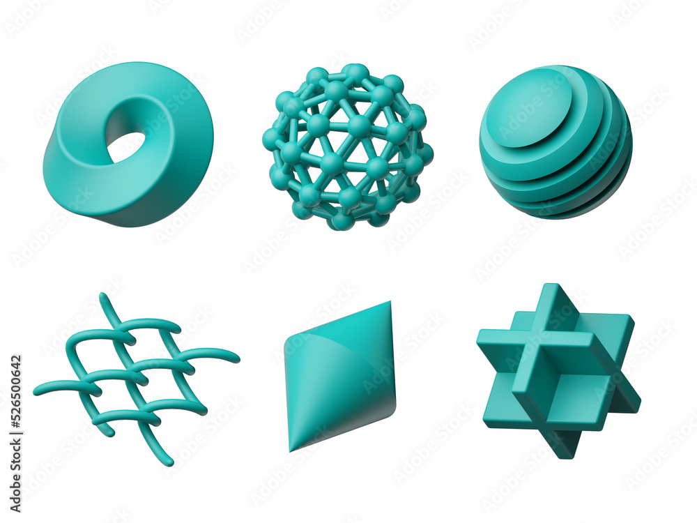 3d render, simple geometric shapes, primitives and abstract objects. Collection of colorful ...