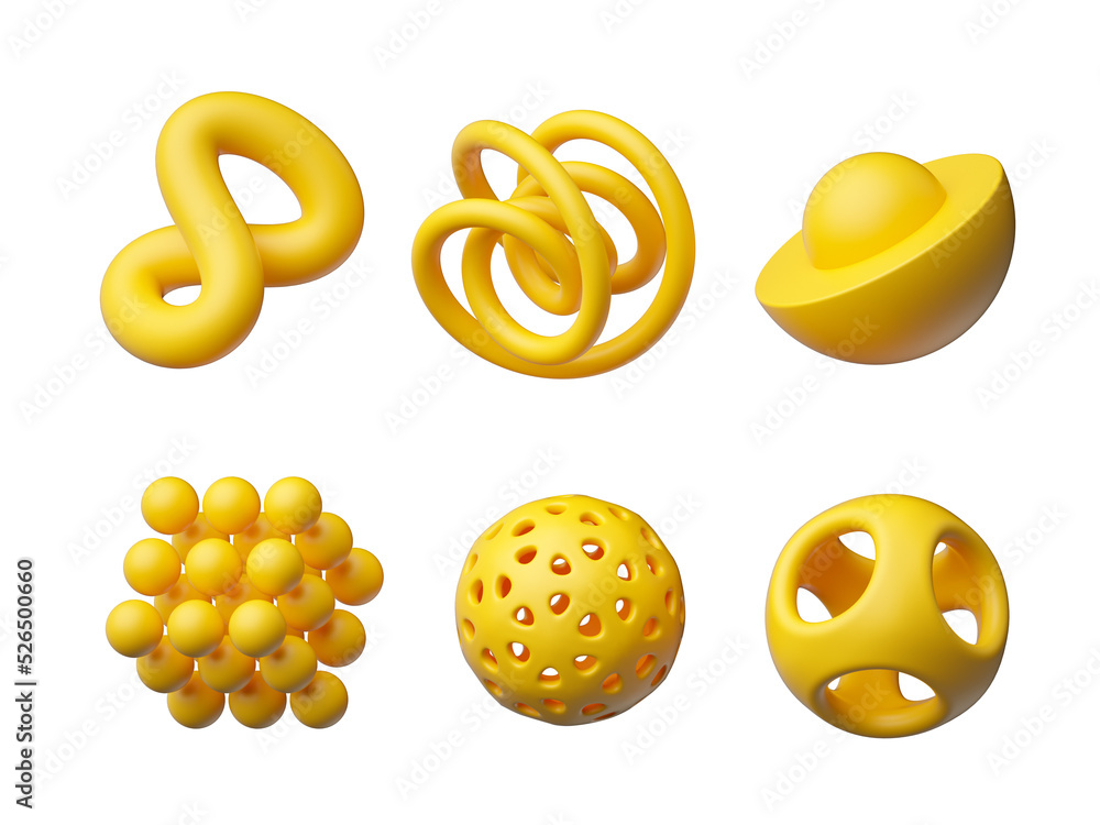 3d render, simple geometric shapes, primitives and abstract objects. Collection of colorful ...