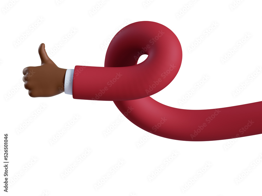 3d render, flexible twisted cartoon hand with dark skin shows thumb up ...