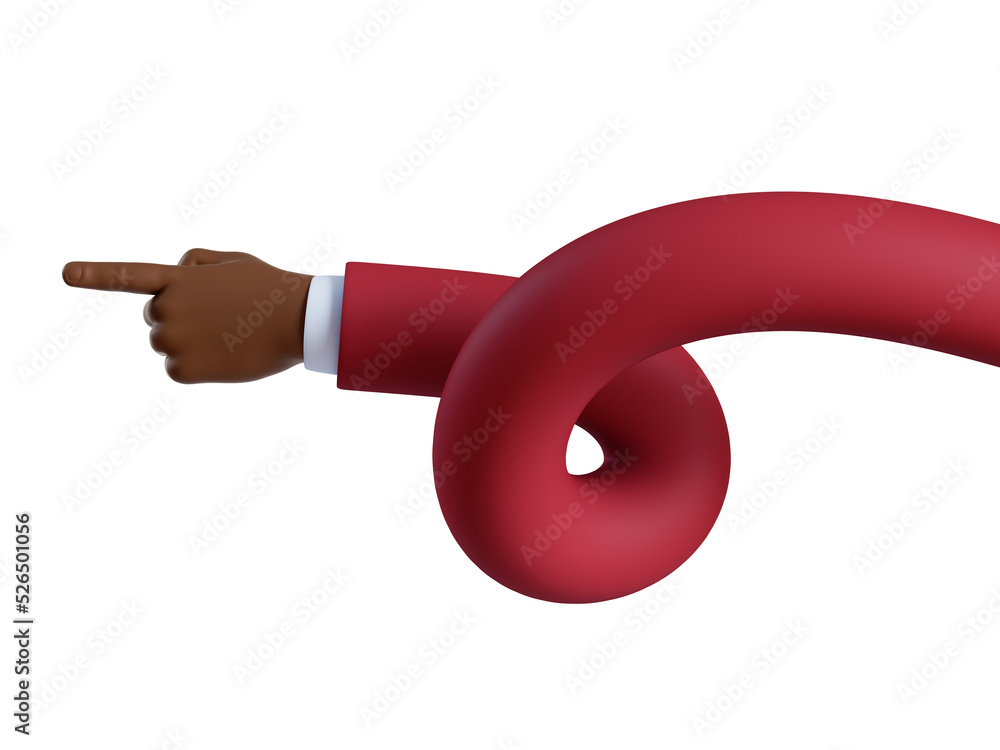 3d render, african cartoon character flexible hand in red sleeve points ...