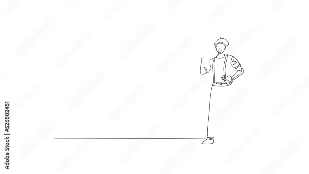 Self drawing animation of single line draw young pantomime artist pose ...