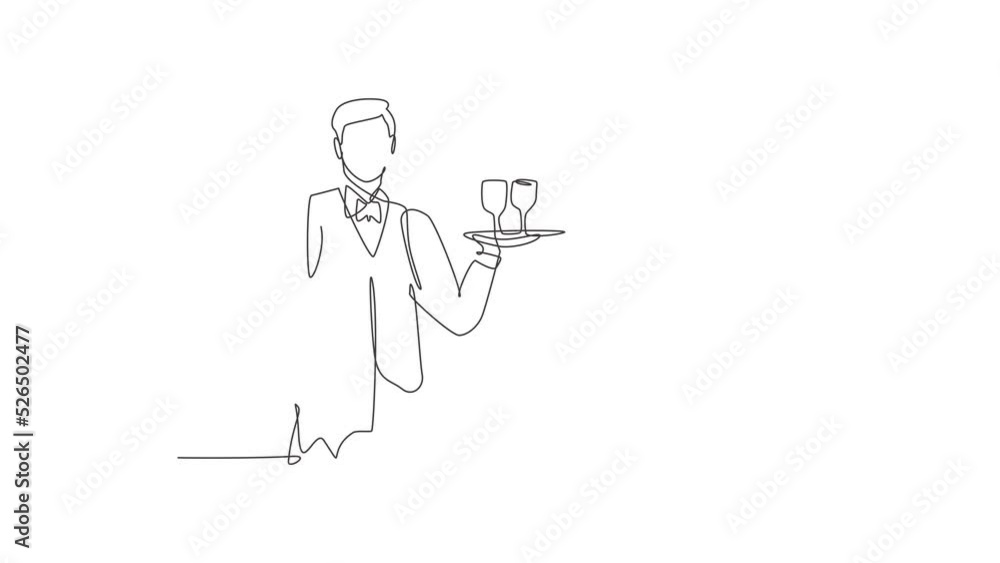 Self drawing animation of single line draw waiter man holding metal ...