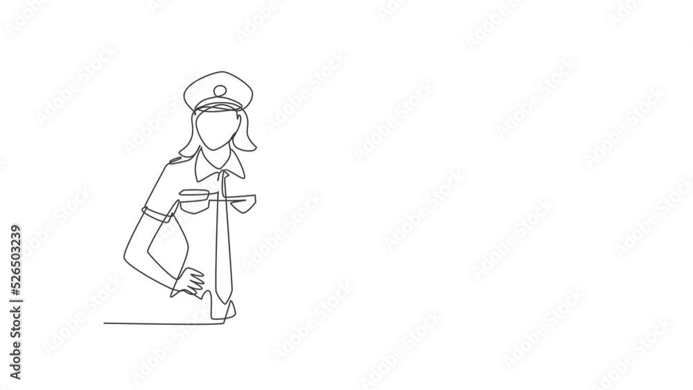 Animated self drawing of single continuous line draw female pilot with ...