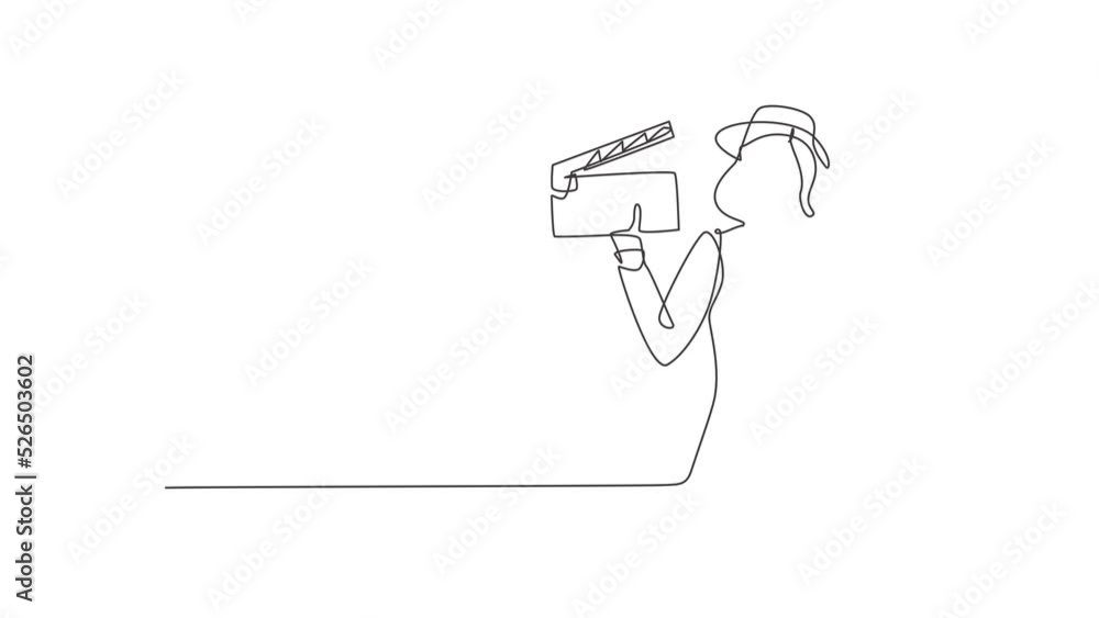 Self drawing animation of single line draw female film director, call ...