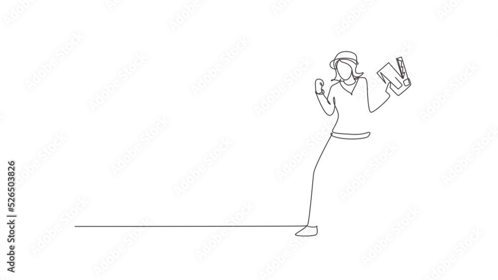 Self drawing animation of single line draw film director stands with ...