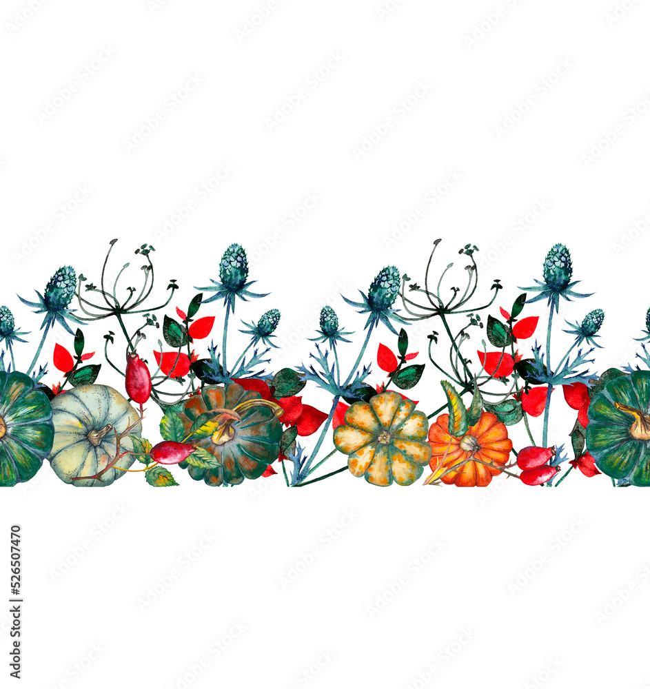 Halloween horizontal seamless border of ripe pumpkins, briar berries ...