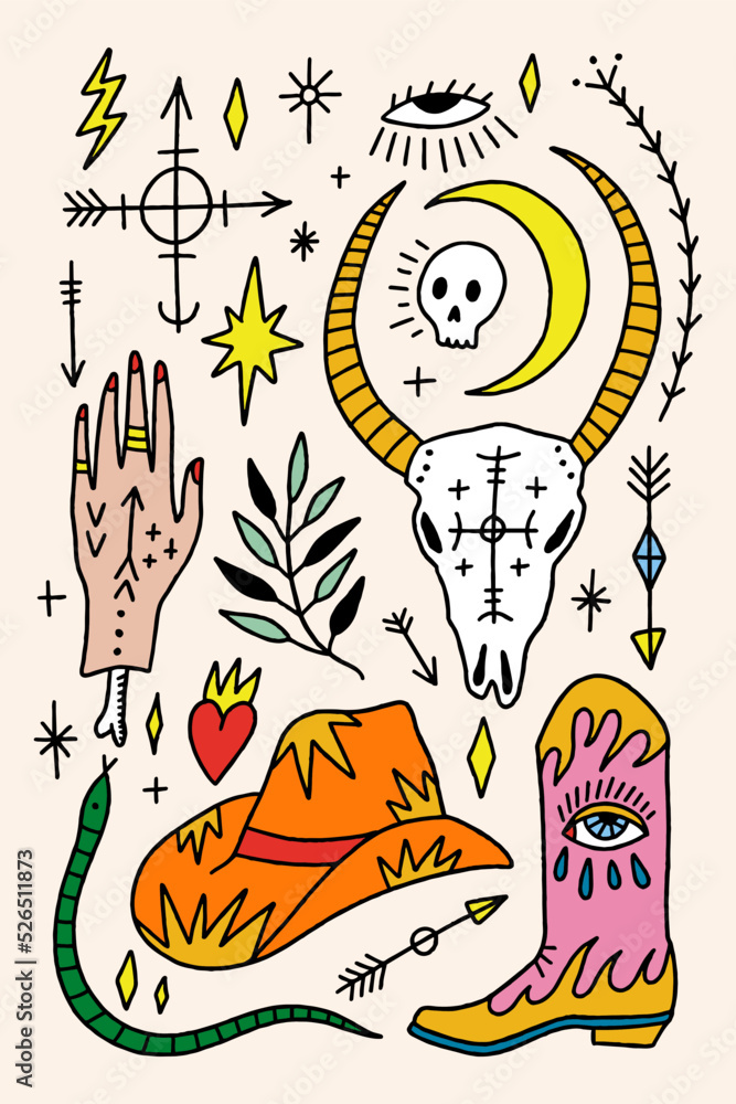 Cowgirl bundle. Collection of hand drawn groovy western magic elements ...