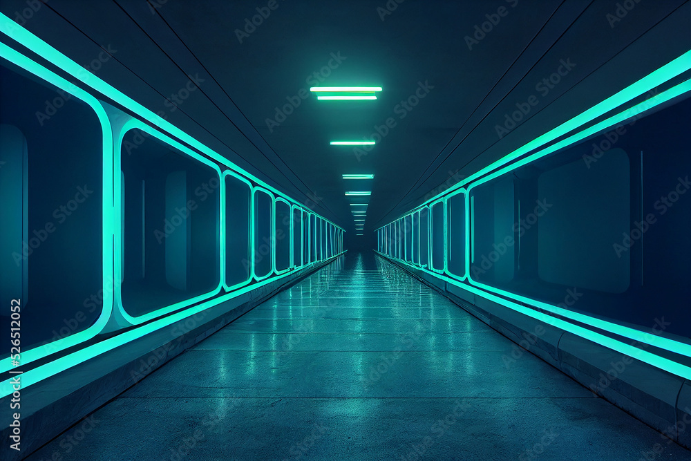 Abstract sci fi futuristic hallway dark room in space station with glowing neon lights ...